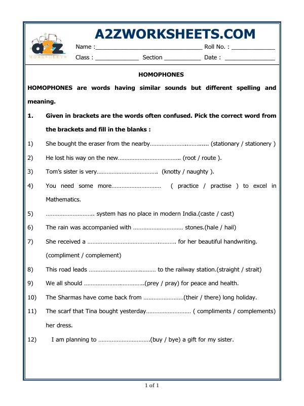 A2Zworksheets:Worksheet of Homophones-Grammar-English
