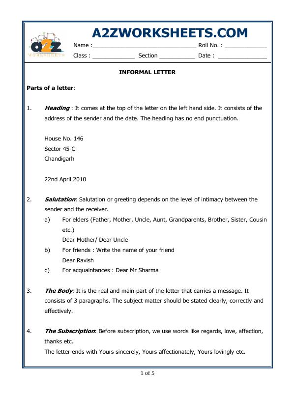 A2Zworksheets:Worksheet of Informal Letter-Writing-English