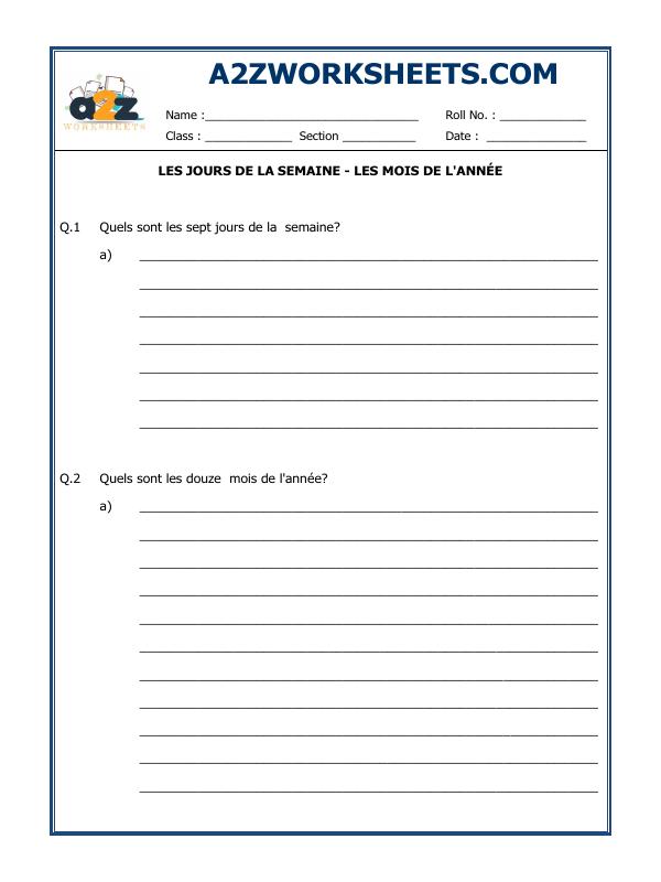 A2Zworksheets:Worksheet of French Worksheet - Les Jours De La Semaine ...