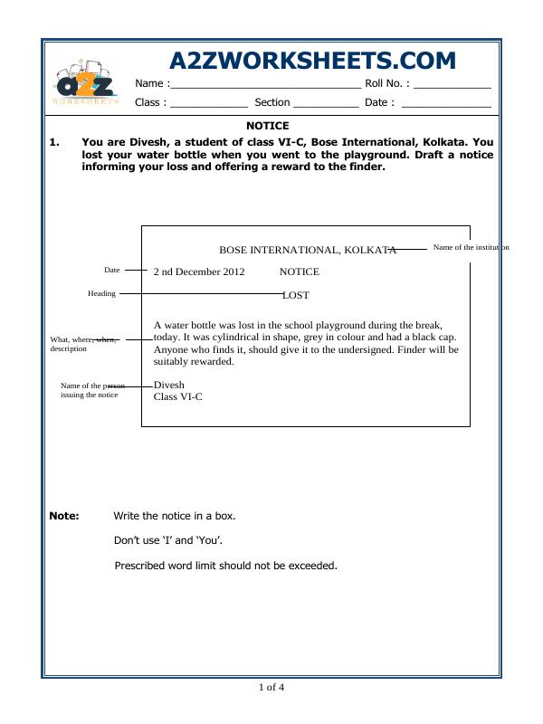 A2Zworksheets:Worksheet of Notice Writing-Writing-English
