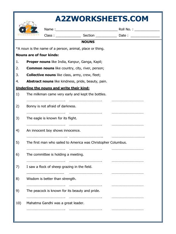 A2Zworksheets:Worksheet of Nouns-Grammar-English