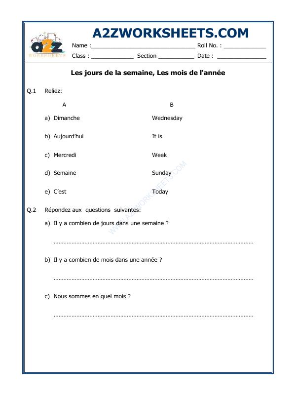 A2Zworksheets:Worksheet of French Worksheet - Les Jours De La Semaine ...