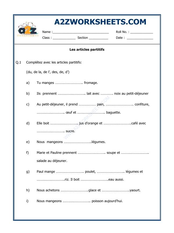 A2Zworksheets:Worksheet of French Worksheet - Les Articles Partitifs ...