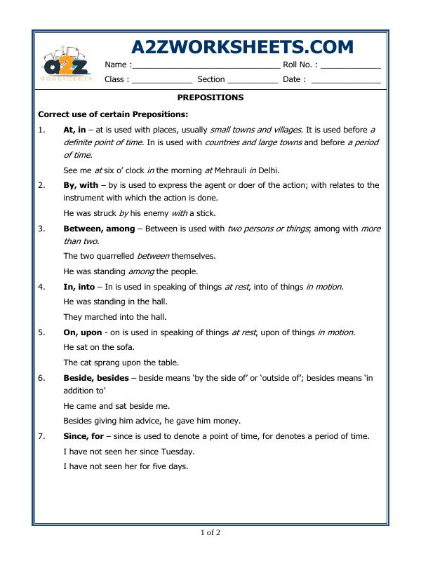 A2Zworksheets:Worksheet of Prepositions-Grammar-English