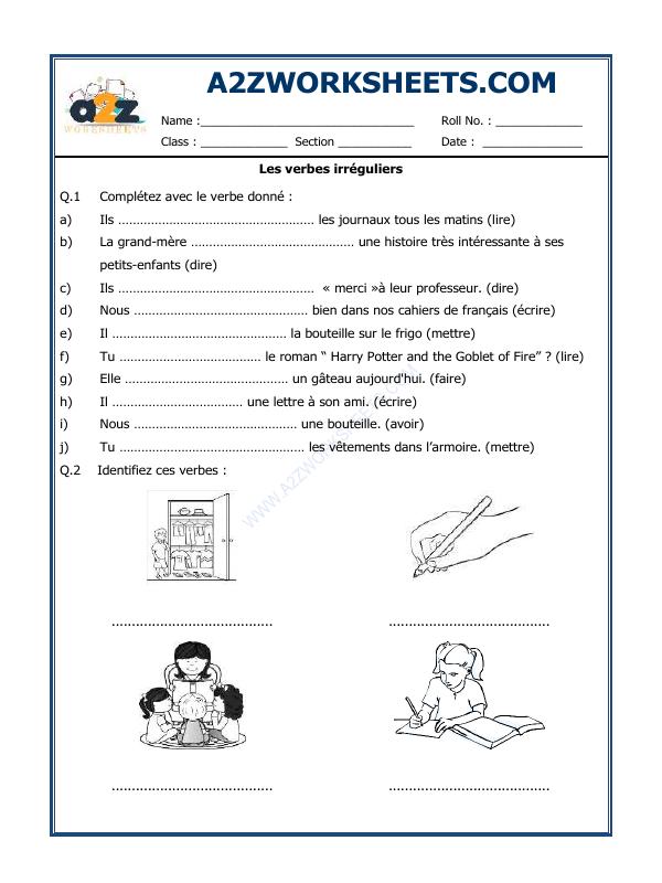 A2Zworksheets:Worksheet of French Worksheet - Les Verbes Irréguliers ...
