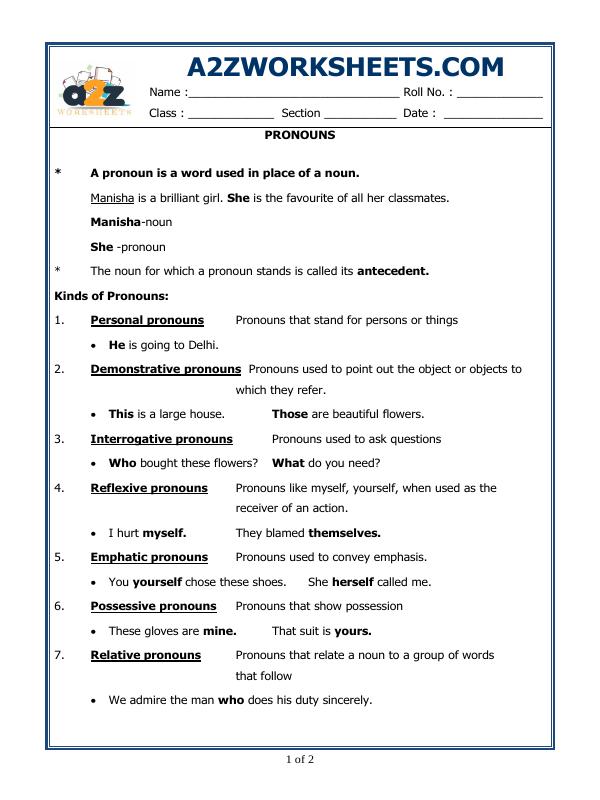 A2Zworksheets:Worksheet of Pronouns-Grammar-English