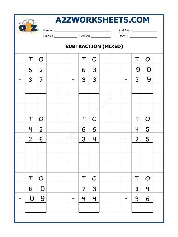 A2Zworksheets:Worksheet of Subtraction Worksheet (Mixed)-01-Subtraction ...