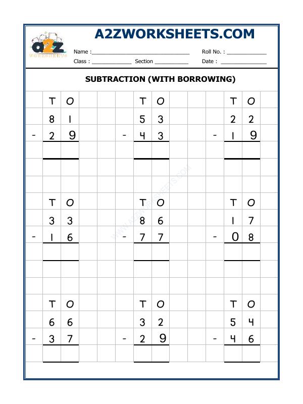 A2Zworksheets:Worksheet of Subtraction Worksheet (With Borrowing)-01 ...