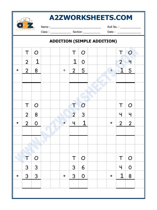 A2Zworksheets:Worksheet of Addition Worksheet-03 (Simple Addition ...