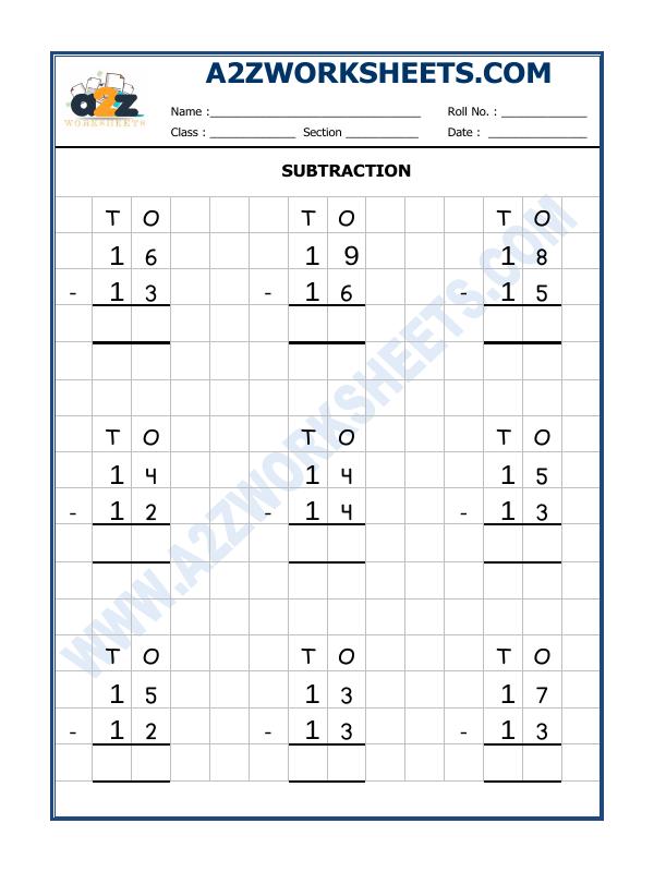 A2Zworksheets:Worksheet of Subtraction Worksheet - 01-Subtraction-Maths