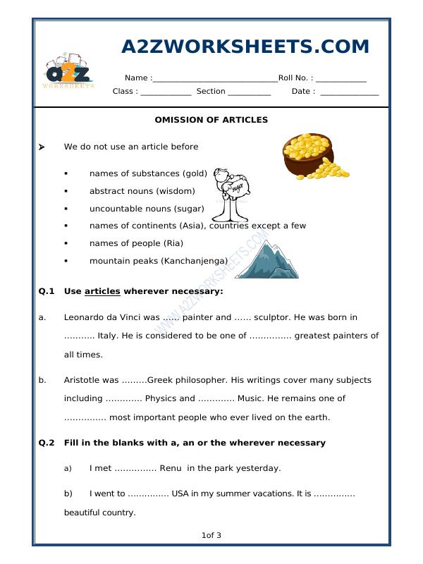 A2Zworksheets:Worksheet of Omission Of Articles-Grammar-English