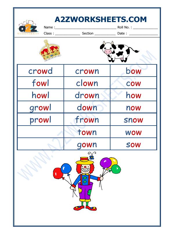 A2Zworksheets:Worksheet of English Phonics Sounds - 'Ow' Sound Words ...