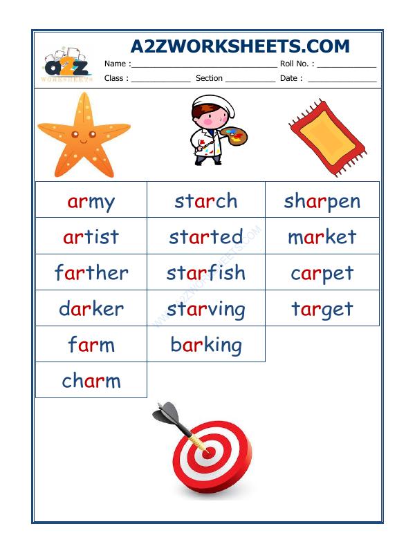 A2Zworksheets:Worksheet of English Phonics Sounds - 'Ar' Sound Words ...