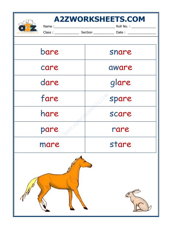 A2Zworksheets:Worksheet of English Phonics Sounds - 'Are' Sound Words ...