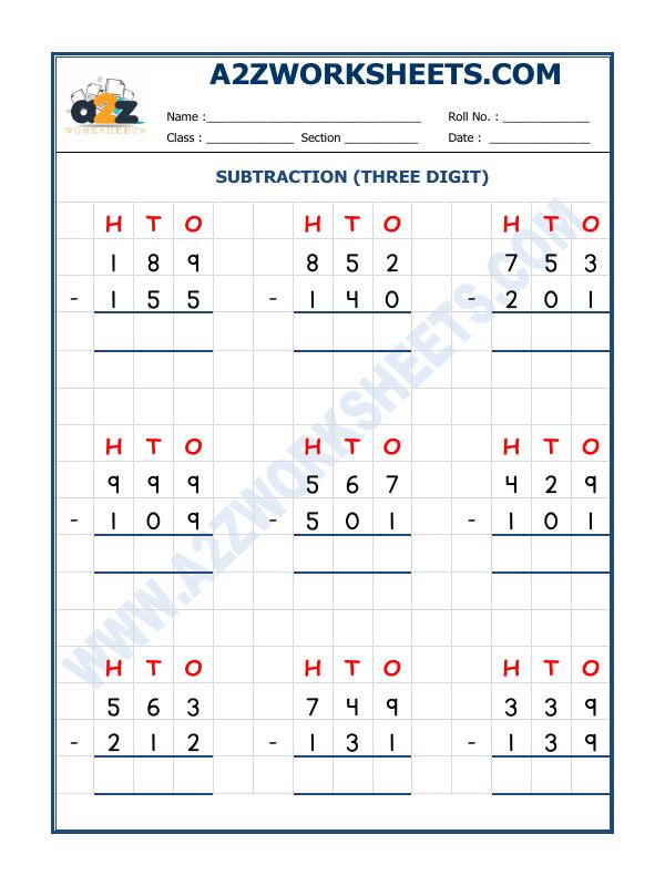 A2Zworksheets:Worksheet of Subtraction - 3 Digit Subtraction-04 ...