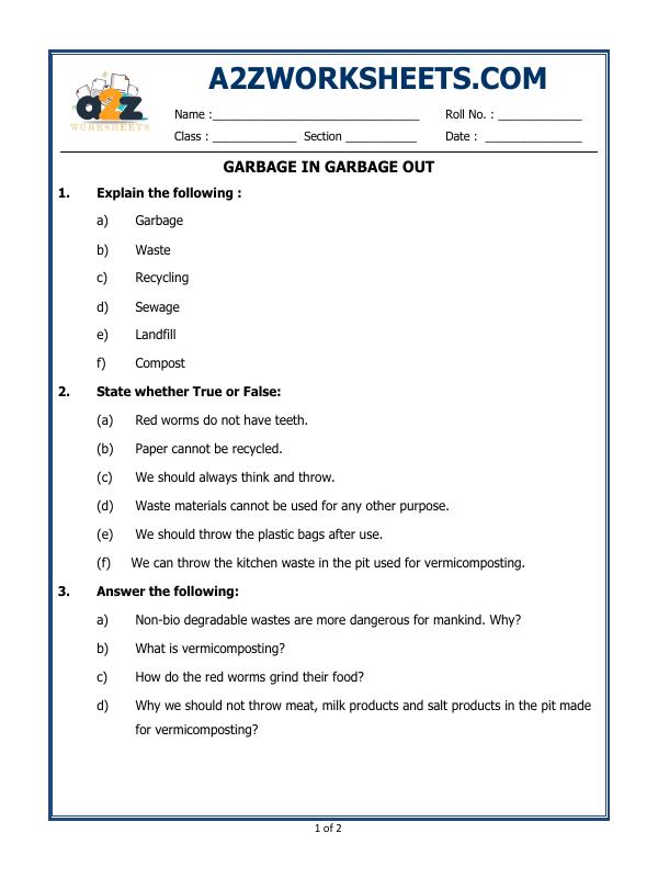 A2Zworksheets:Worksheet of Garbage In Garbage Out-Environment And Our ...