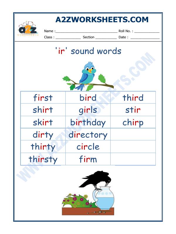 A2Zworksheets:Worksheet of English Phonics Sounds - 'Ir' Sound Words ...