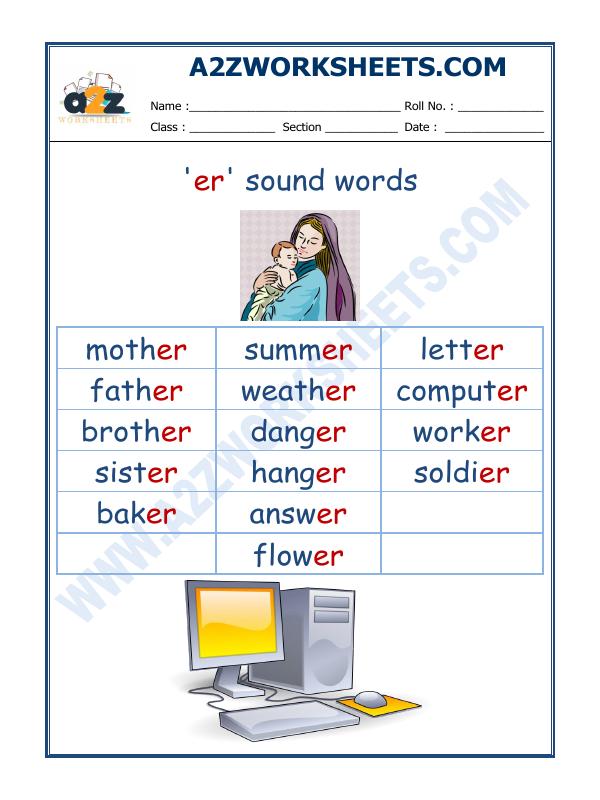 A2Zworksheets:Worksheet of English Phonics Sounds - 'Er' Sound Words ...