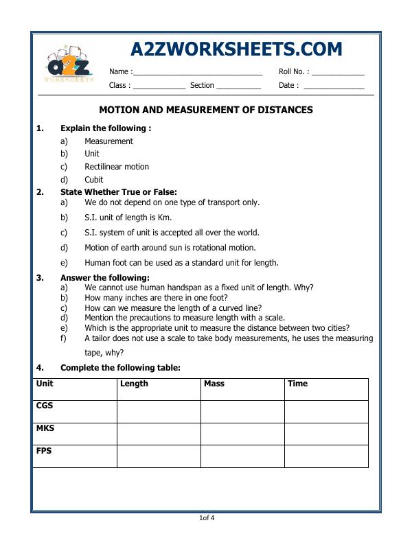 A2Zworksheets:Worksheet of Motion And Measurement Of Distances-Motion ...