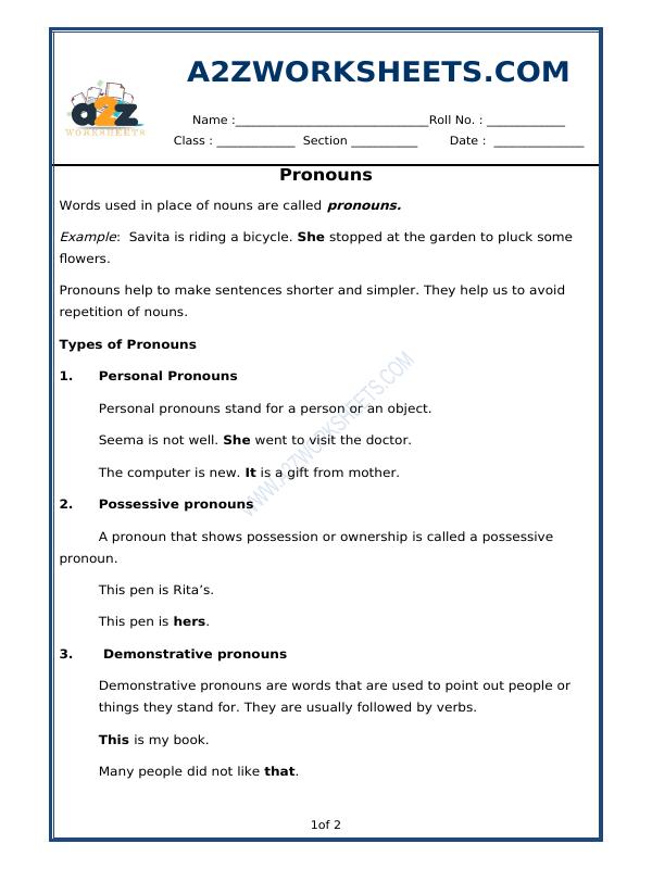 A2Zworksheets:Worksheet of Pronouns-Grammar-English