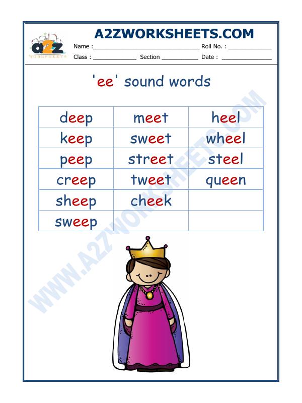A2Zworksheets:Worksheet of English Phonics Sounds - 'Ee' Sound Words ...