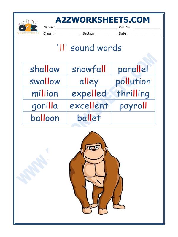 A2Zworksheets:Worksheet of English Phonics Sounds - 'Ll' Sound Words ...