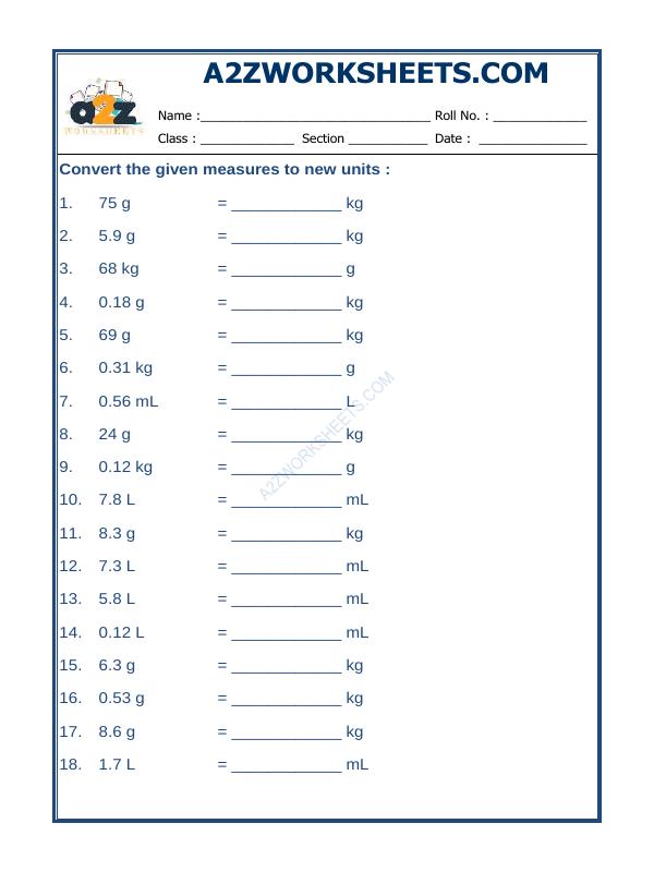 A2Zworksheets:Worksheet of Measurement (Convert Units)-03-Measurement-Maths