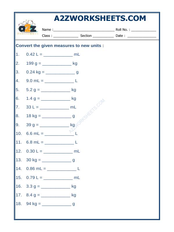A2Zworksheets:Worksheet of Measurement (Convert Units)-05-Measurement-Maths