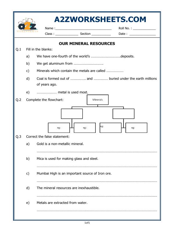 A2Zworksheets:Worksheet of Our Mineral Resources-Metals and Non-metals ...