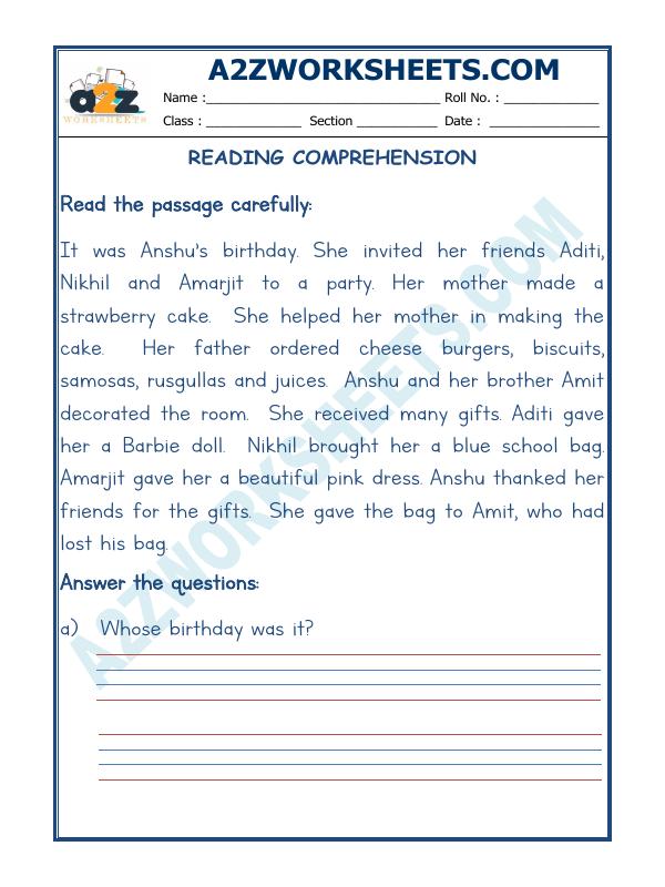 A2Zworksheets:Worksheet of Comprehension Passage-20-Reading-English