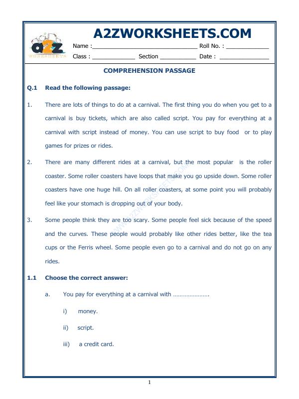 A2Zworksheets:Worksheet of Comprehension Passage-12-Reading-English
