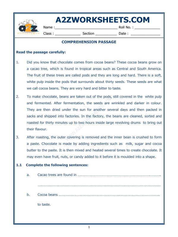 A2Zworksheets:Worksheet of Comprehension Passage-14-Reading-English