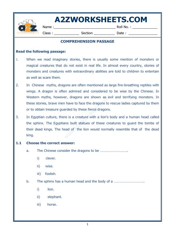 A2Zworksheets:Worksheet of Comprehension Passage-16-Reading-English
