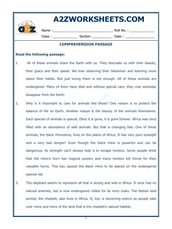 A2Zworksheets:Worksheet of Comprehension Passage-22-Reading-English