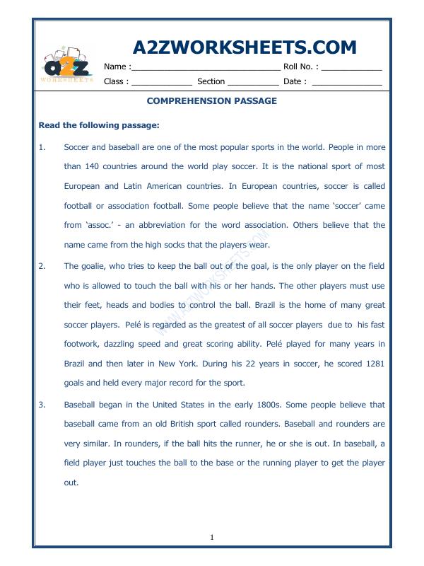 A2Zworksheets:Worksheet of Comprehension Passage-24-Reading-English