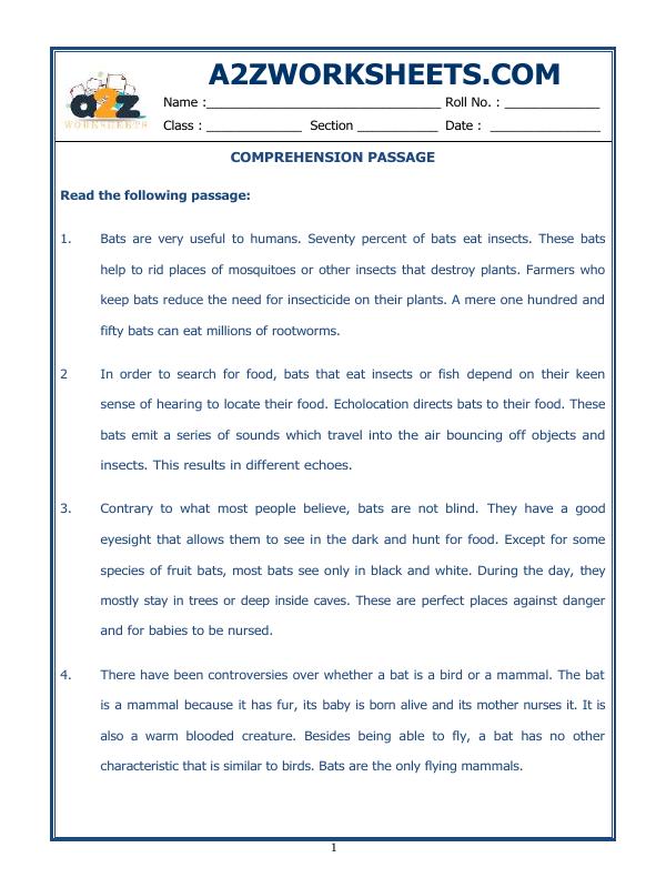 A2Zworksheets:Worksheet of Comprehension Passage-35-Reading-English