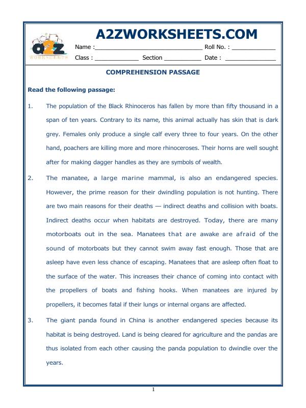 A2Zworksheets:Worksheet of Comprehension Passage-37-Reading-English