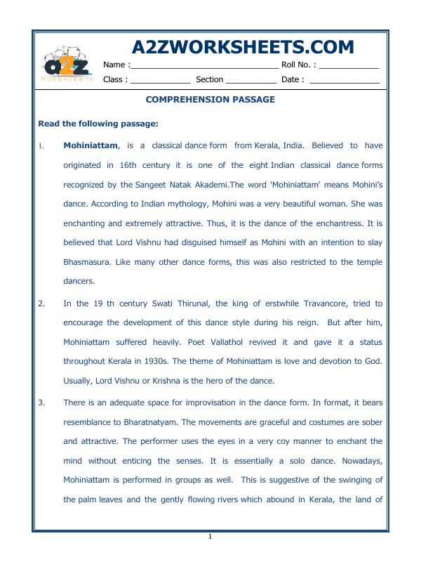 A2Zworksheets:Worksheet of Comprehension Passage-43-Reading-English