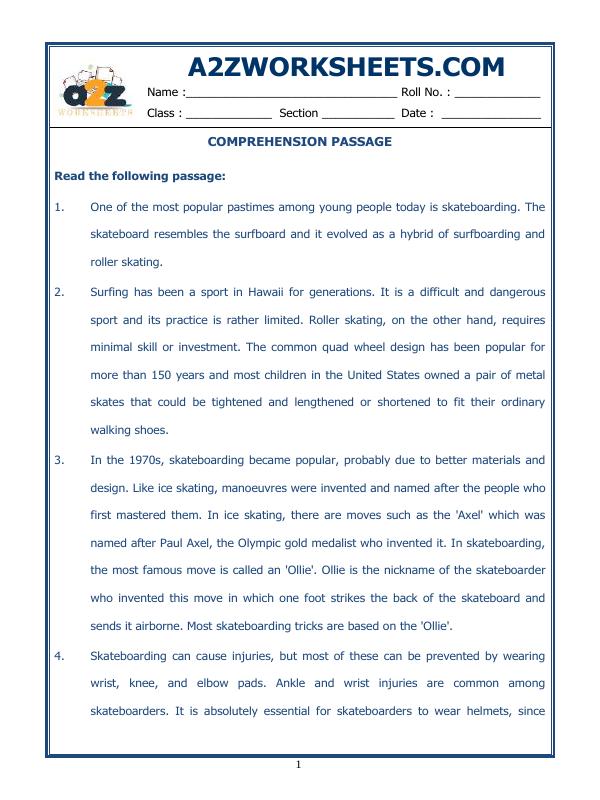 A2Zworksheets:Worksheet of Comprehension Passage-44-Reading-English