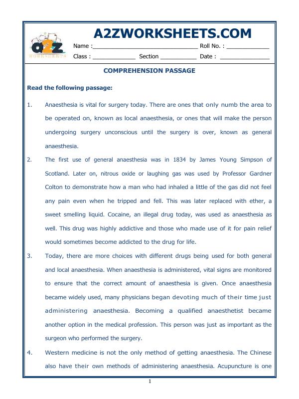 A2Zworksheets:Worksheet of Comprehension Passage-45-Reading-English