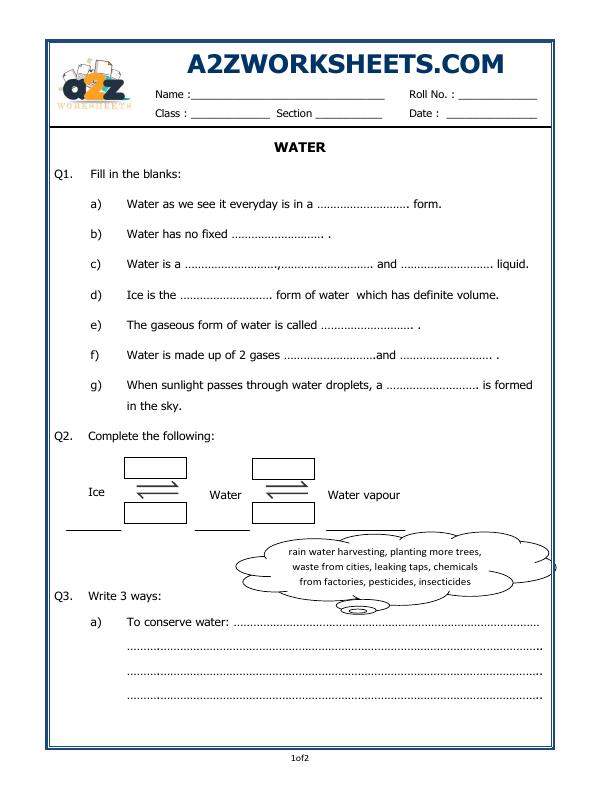 A2Zworksheets:Worksheet of Water-Basic Necessities-Science