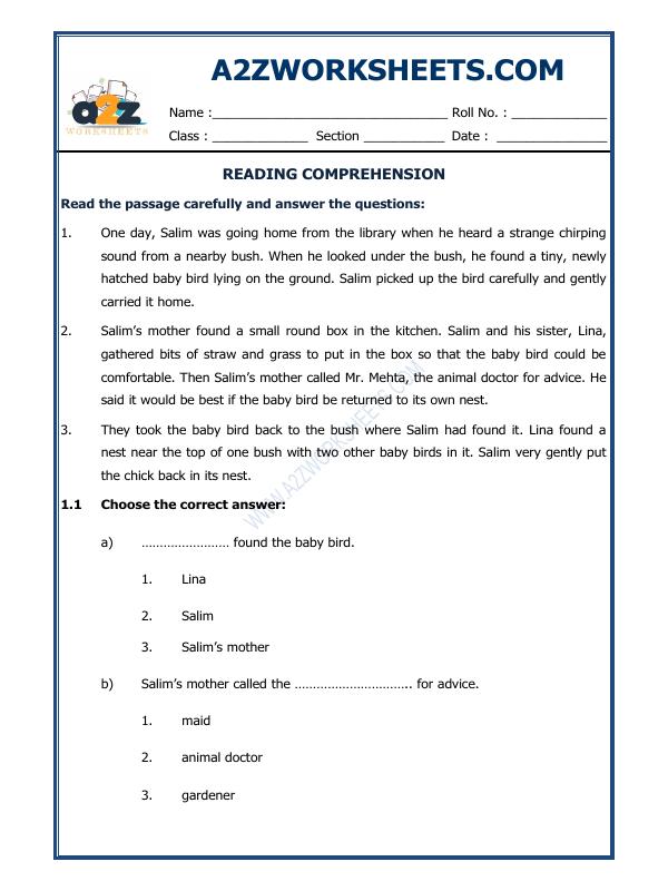 A2Zworksheets:Worksheet of English Comprehension - 12-Reading-English