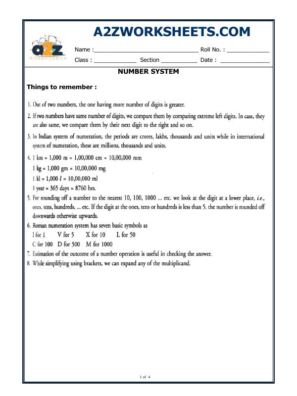 A2Zworksheets:Worksheet of Number System-Numbers-Maths