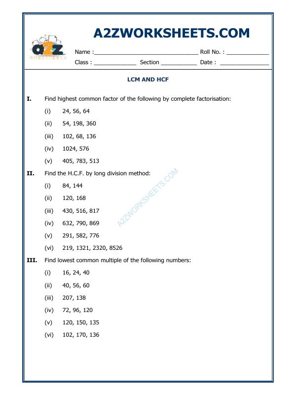 A2Zworksheets:Worksheet of Lcm And Hcf-02-LCM and HCM-Maths