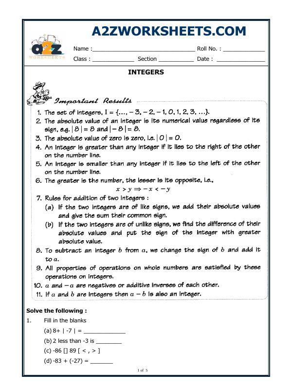 A2Zworksheets:Worksheet of Integers-Integers-Maths