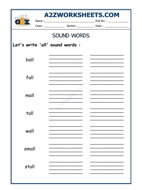 A2Zworksheets:Worksheet of 'All' Sound Words-Reading-English
