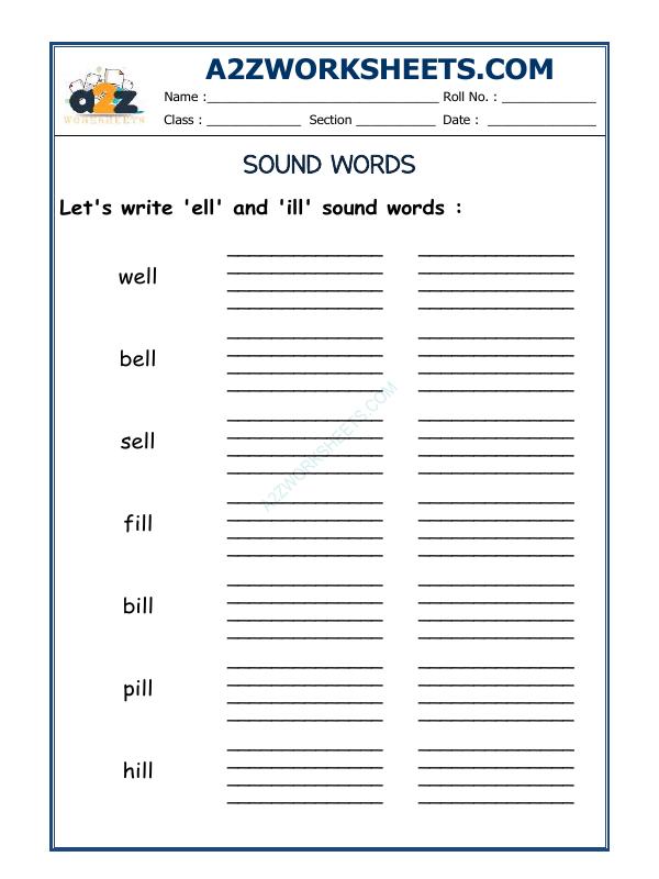 A2Zworksheets:Worksheet of 'Ell' And 'Ill' Sound Words-Reading-English