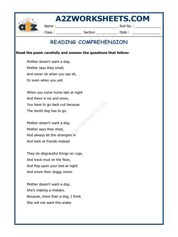 A2Zworksheets:Worksheet of Comprehension Passage (Poem)- 16-Reading-English