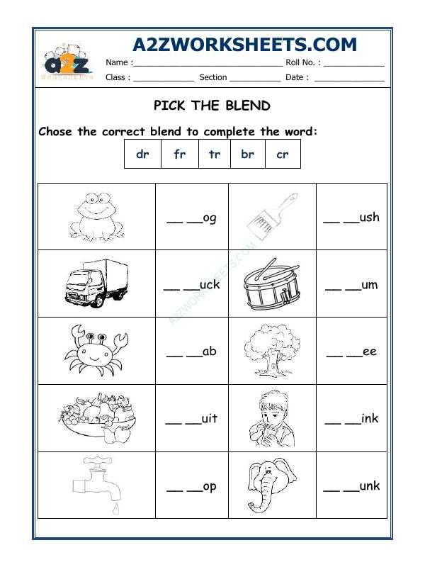 A2Zworksheets:Worksheet of Pick The Blend-Reading-English