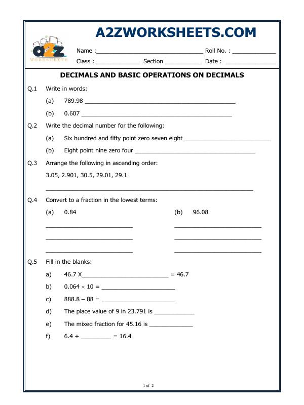 A2Zworksheets:Worksheet of Decimals And Basic Operations On Decimals ...